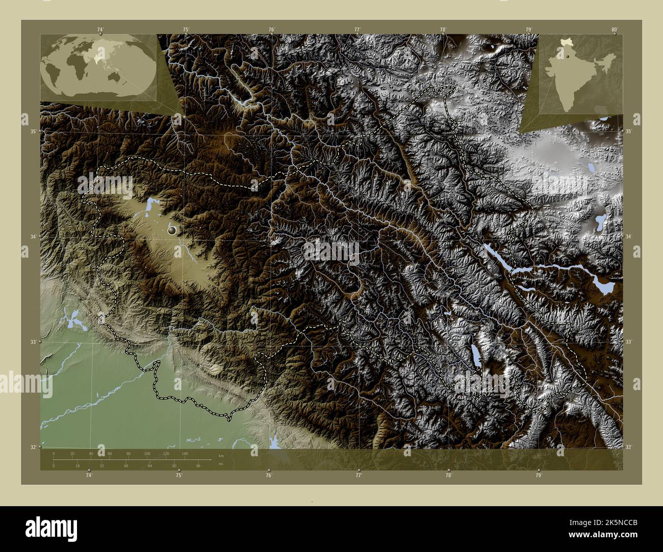 Jammu and Kashmir, state of India. Elevation map colored in wiki style ...