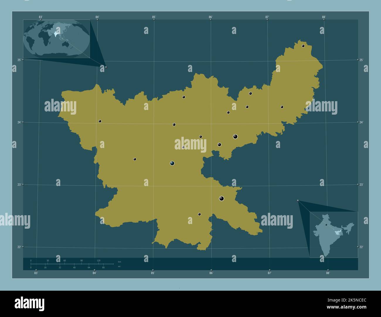 Jharkhand, state of India. Solid color shape. Locations of major cities ...