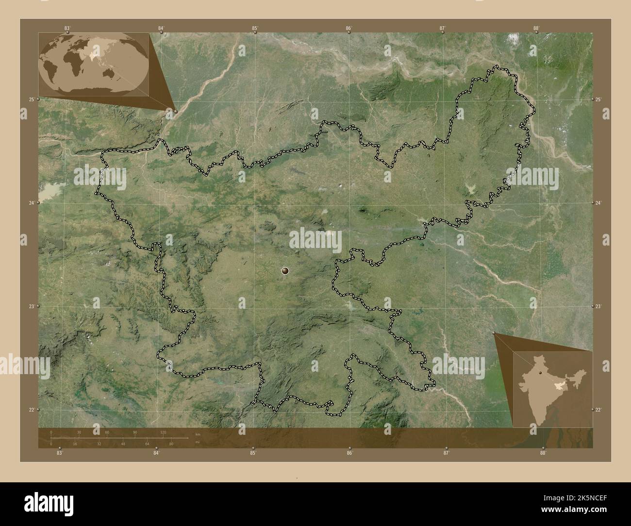 Jharkhand, state of India. Low resolution satellite map. Corner ...
