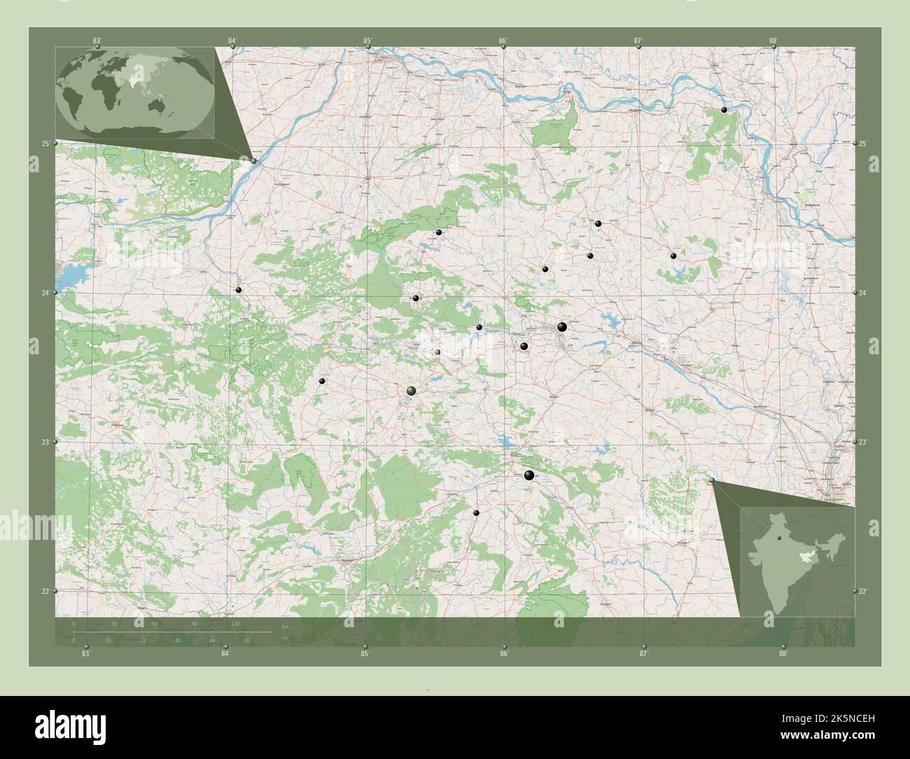 Jharkhand, state of India. Open Street Map. Locations of major cities ...