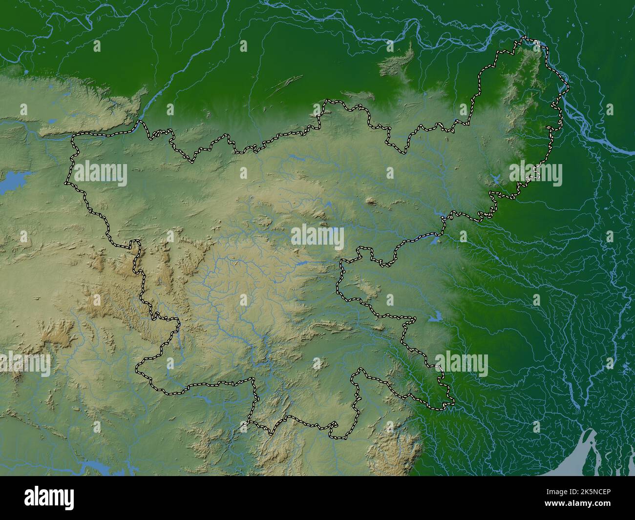 Jharkhand, state of India. Colored elevation map with lakes and rivers ...