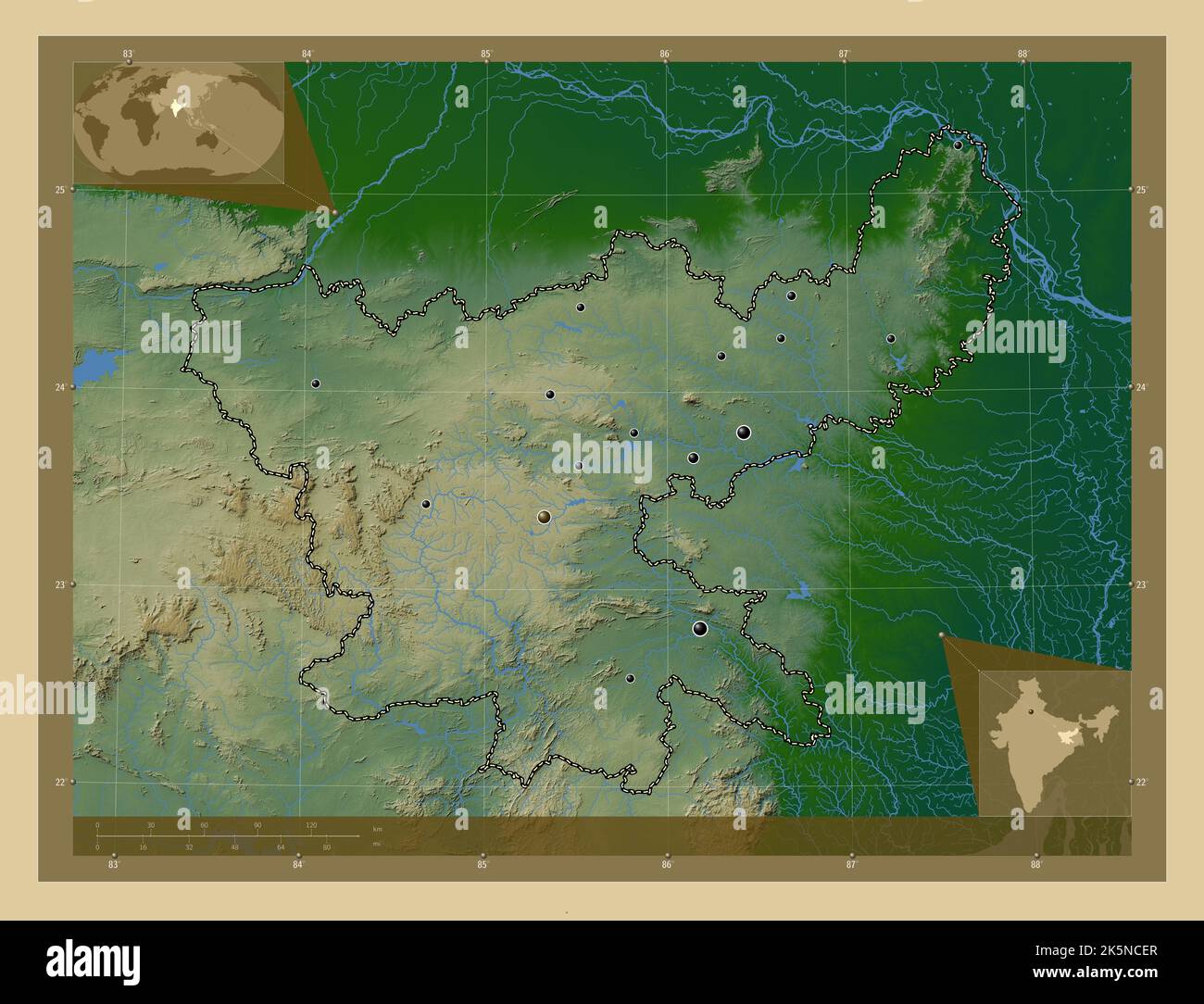 Jharkhand, state of India. Colored elevation map with lakes and rivers ...