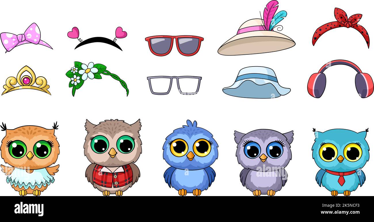 Cartoon cute owls, wild owl funny faces and stylish accessories. Hats ...