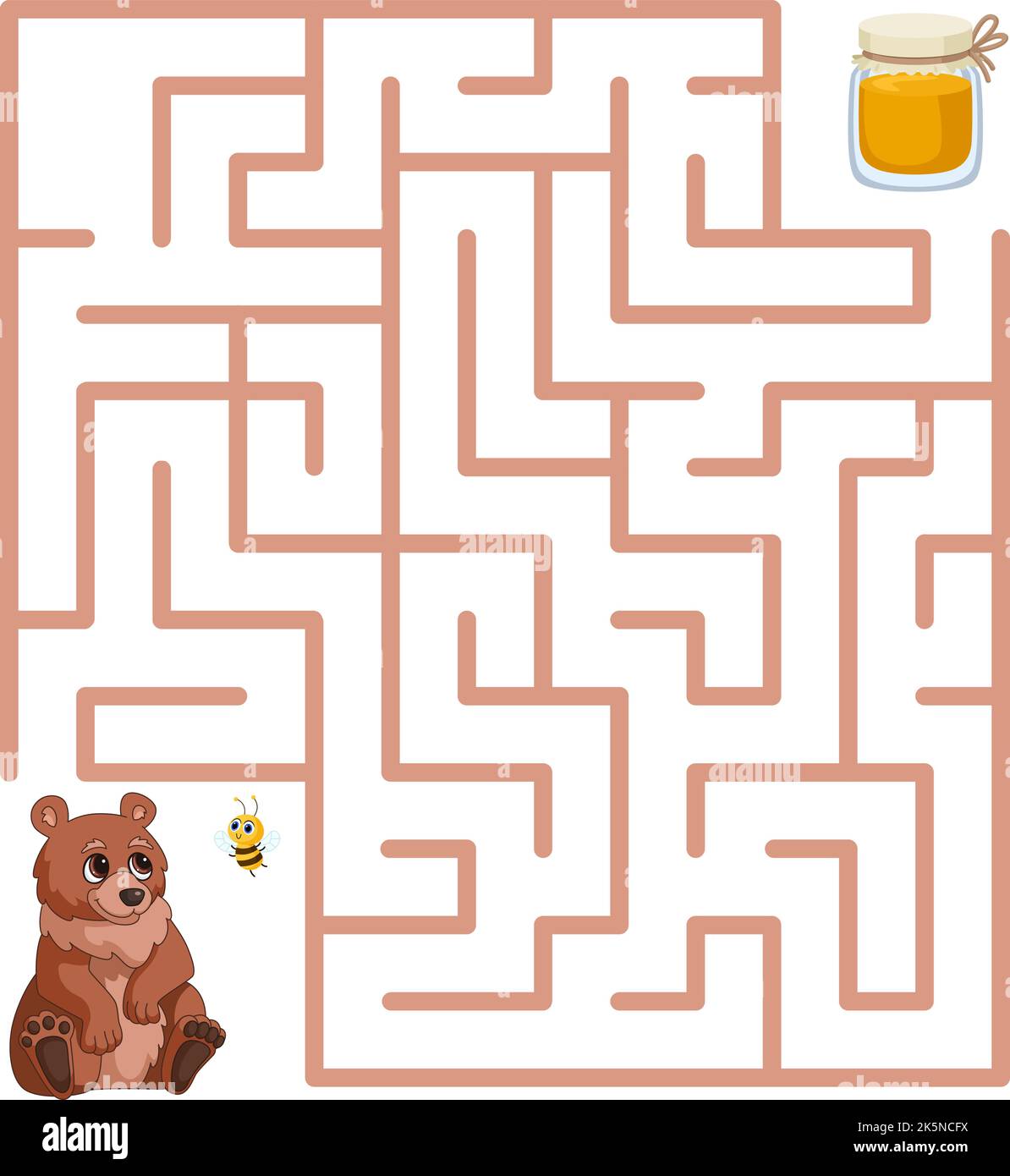 Childish maze game with cute cartoon bear bee and honey jar. Help wild ...