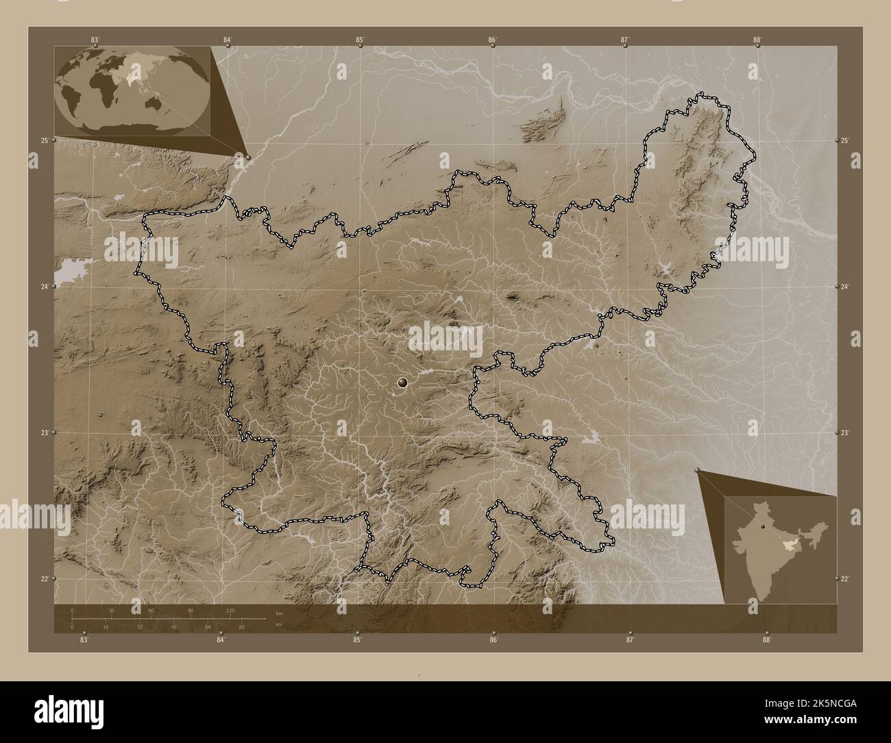 Jharkhand, state of India. Elevation map colored in sepia tones with ...