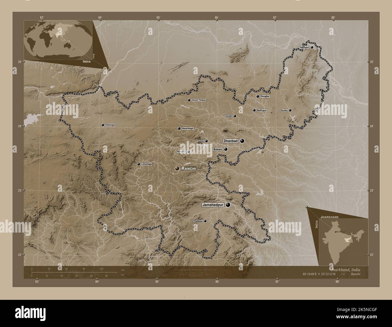 Jharkhand, state of India. Elevation map colored in sepia tones with ...