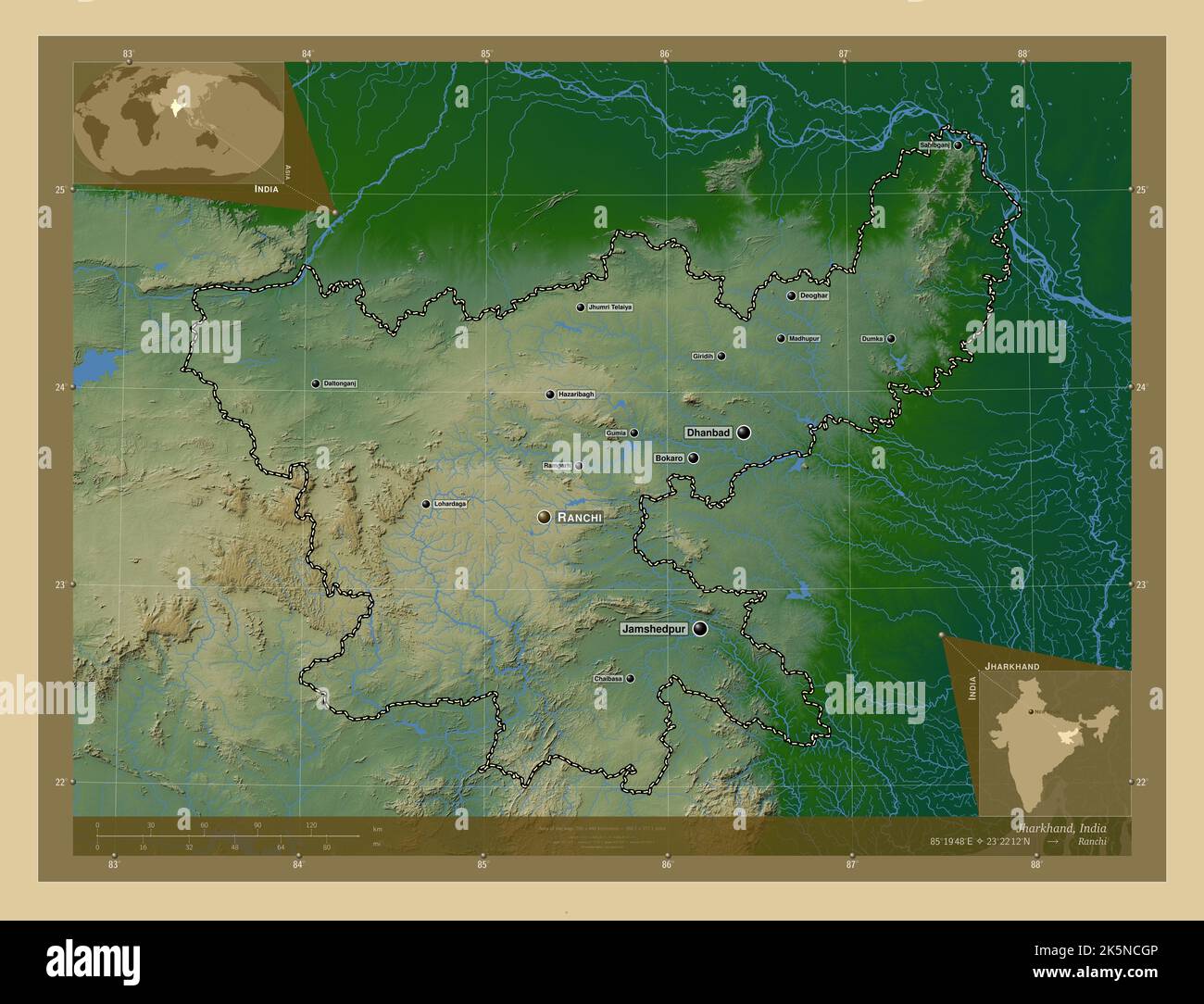 Jharkhand, state of India. Colored elevation map with lakes and rivers ...