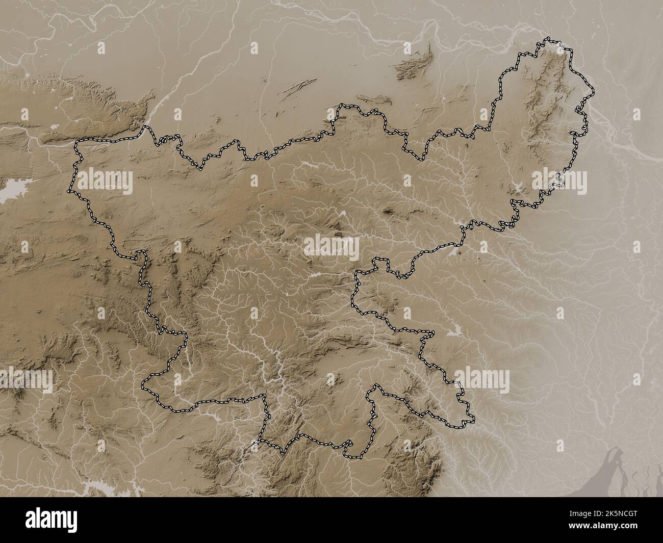 Jharkhand, state of India. Elevation map colored in sepia tones with ...