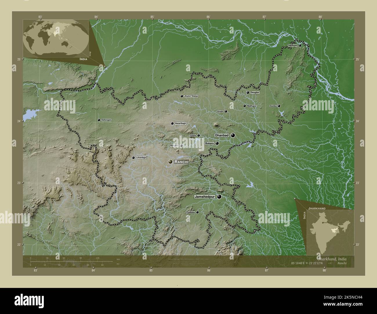 Jharkhand, state of India. Elevation map colored in wiki style with ...