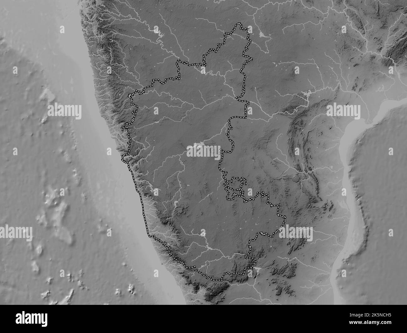Karnataka, state of India. Grayscale elevation map with lakes and ...