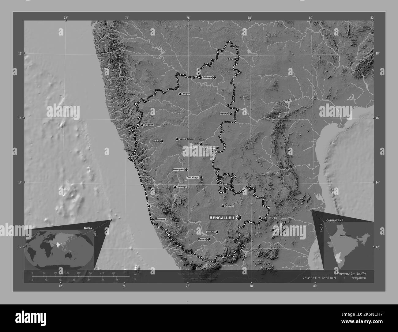 Karnataka, state of India. Bilevel elevation map with lakes and rivers ...