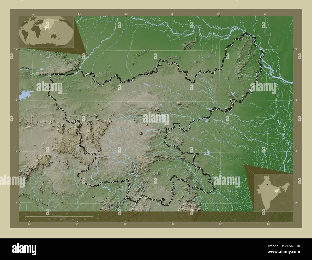Jharkhand, state of India. Elevation map colored in wiki style with ...