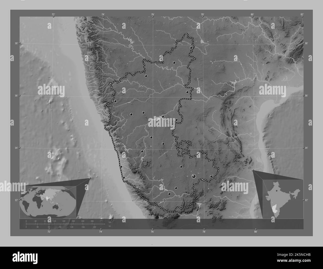 Karnataka, state of India. Grayscale elevation map with lakes and ...
