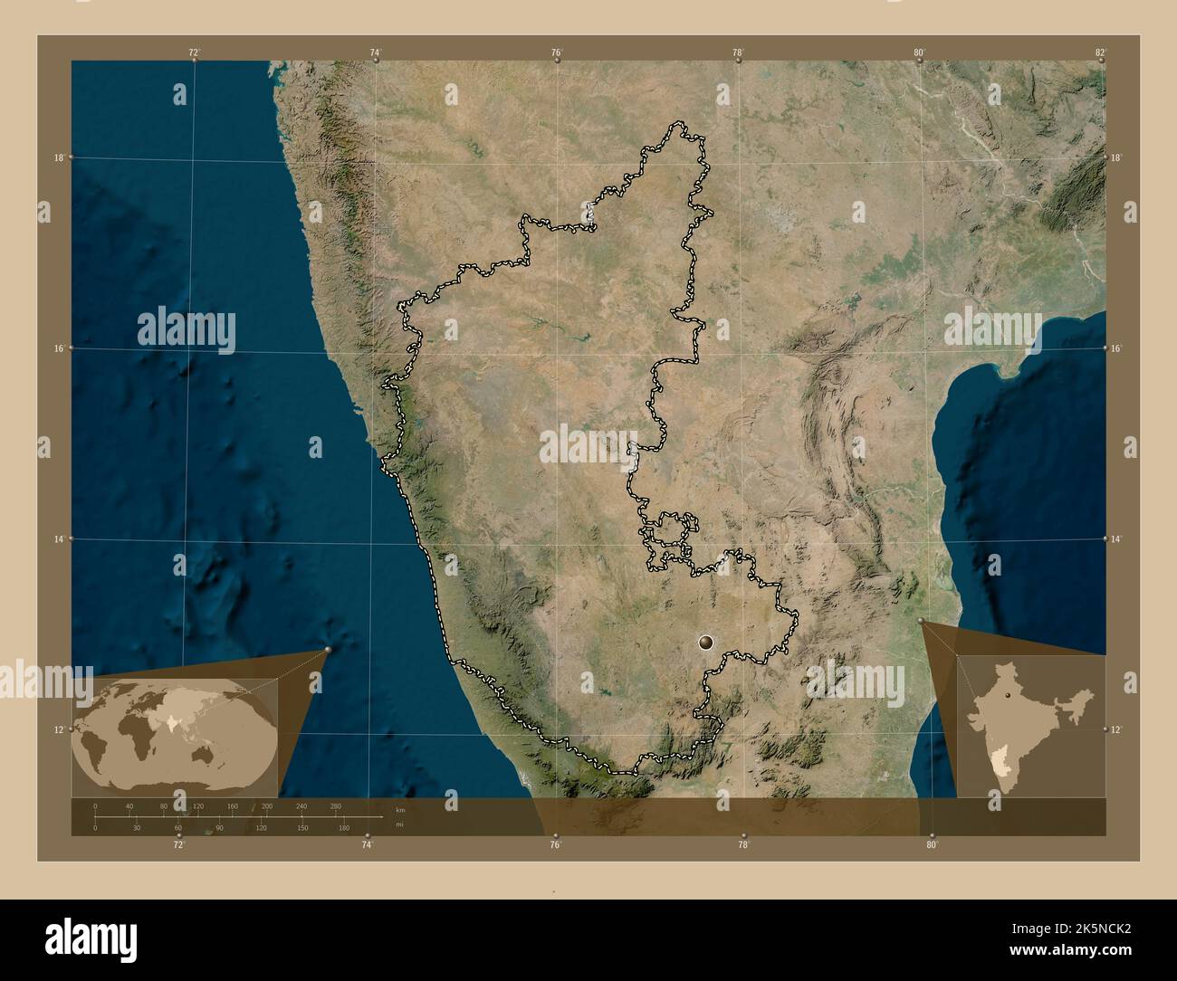 Karnataka, state of India. Low resolution satellite map. Corner ...