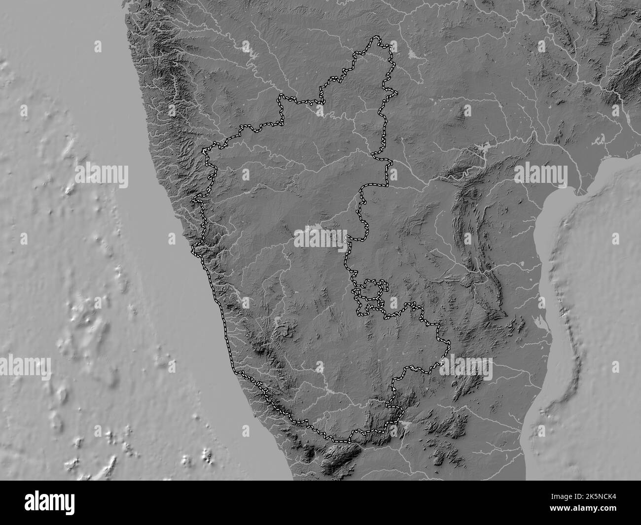 Karnataka, state of India. Bilevel elevation map with lakes and rivers ...