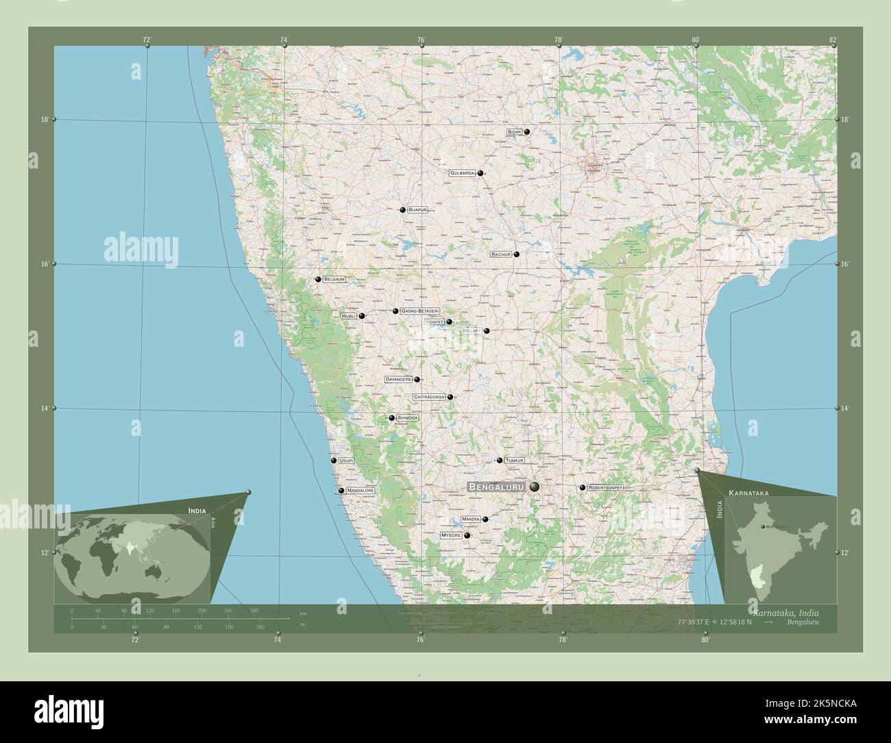 Karnataka, state of India. Open Street Map. Locations and names of ...