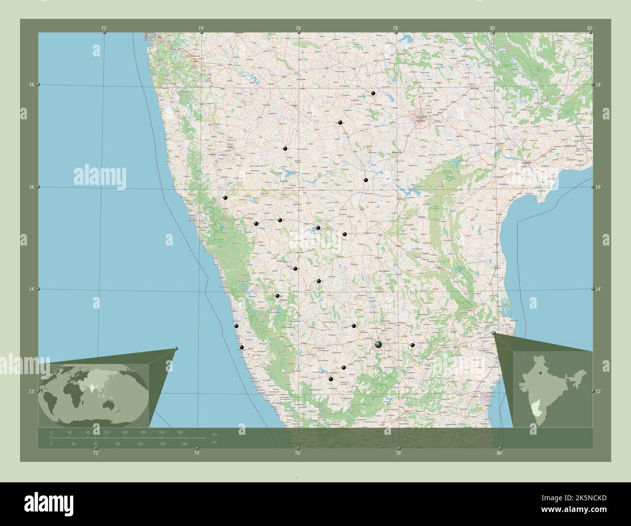Karnataka, state of India. Open Street Map. Locations of major cities ...