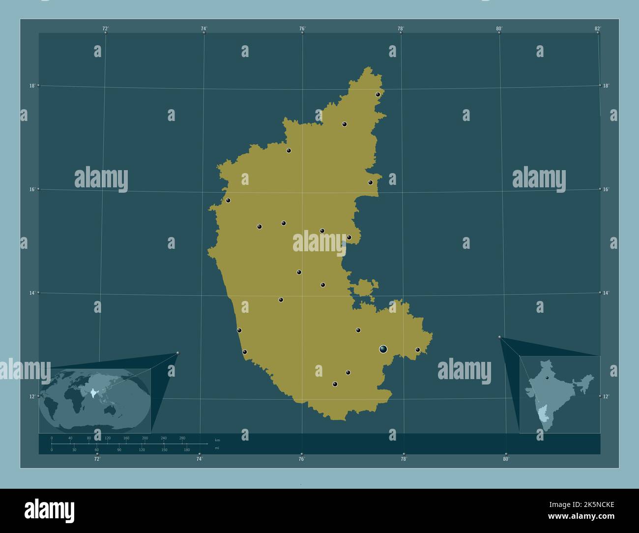 Karnataka, state of India. Solid color shape. Locations of major cities ...