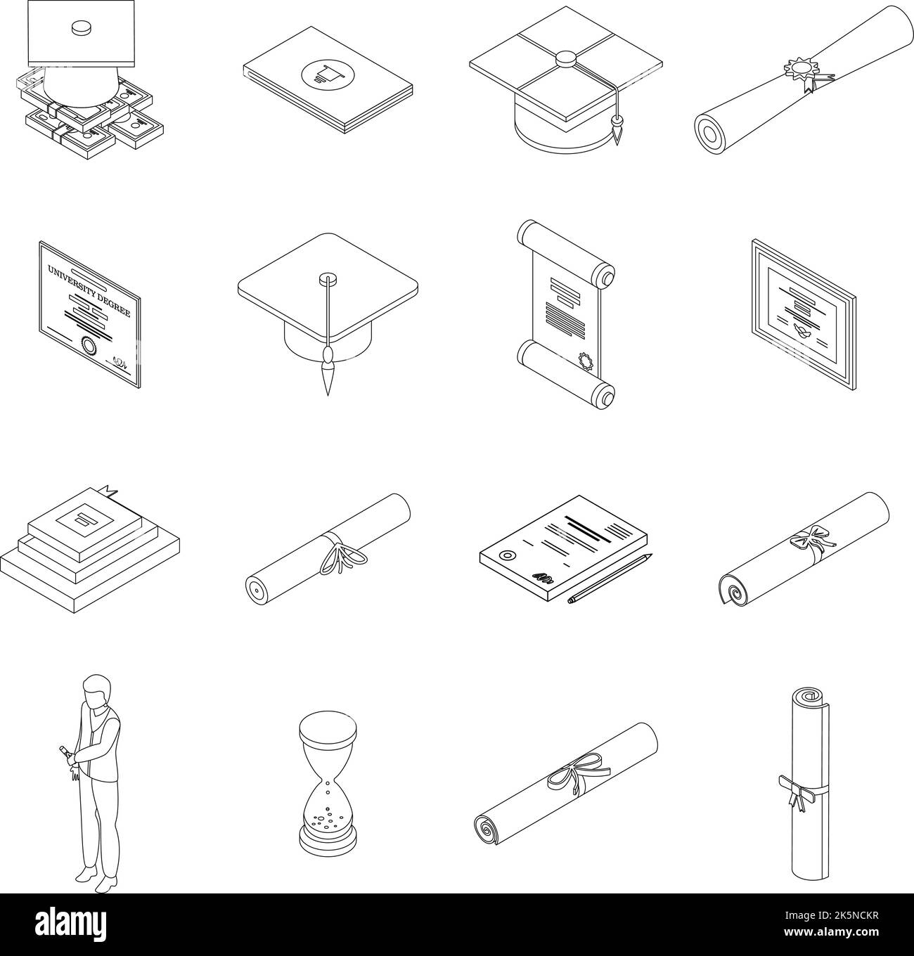 Degree icons set. Isometric set of degree vector icons outline thin lne ...