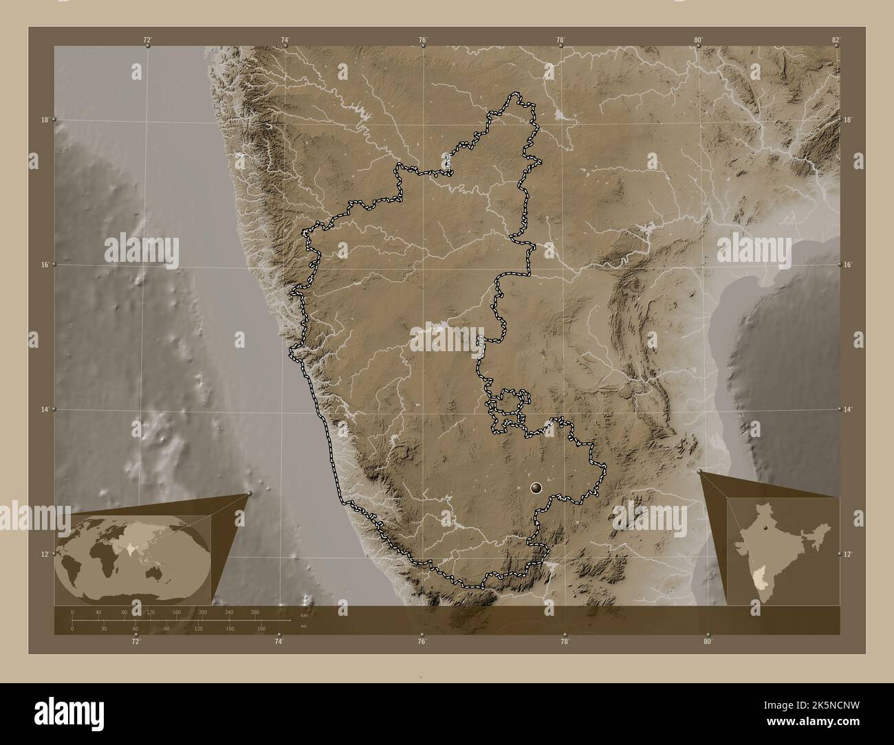 Karnataka, state of India. Elevation map colored in sepia tones with ...