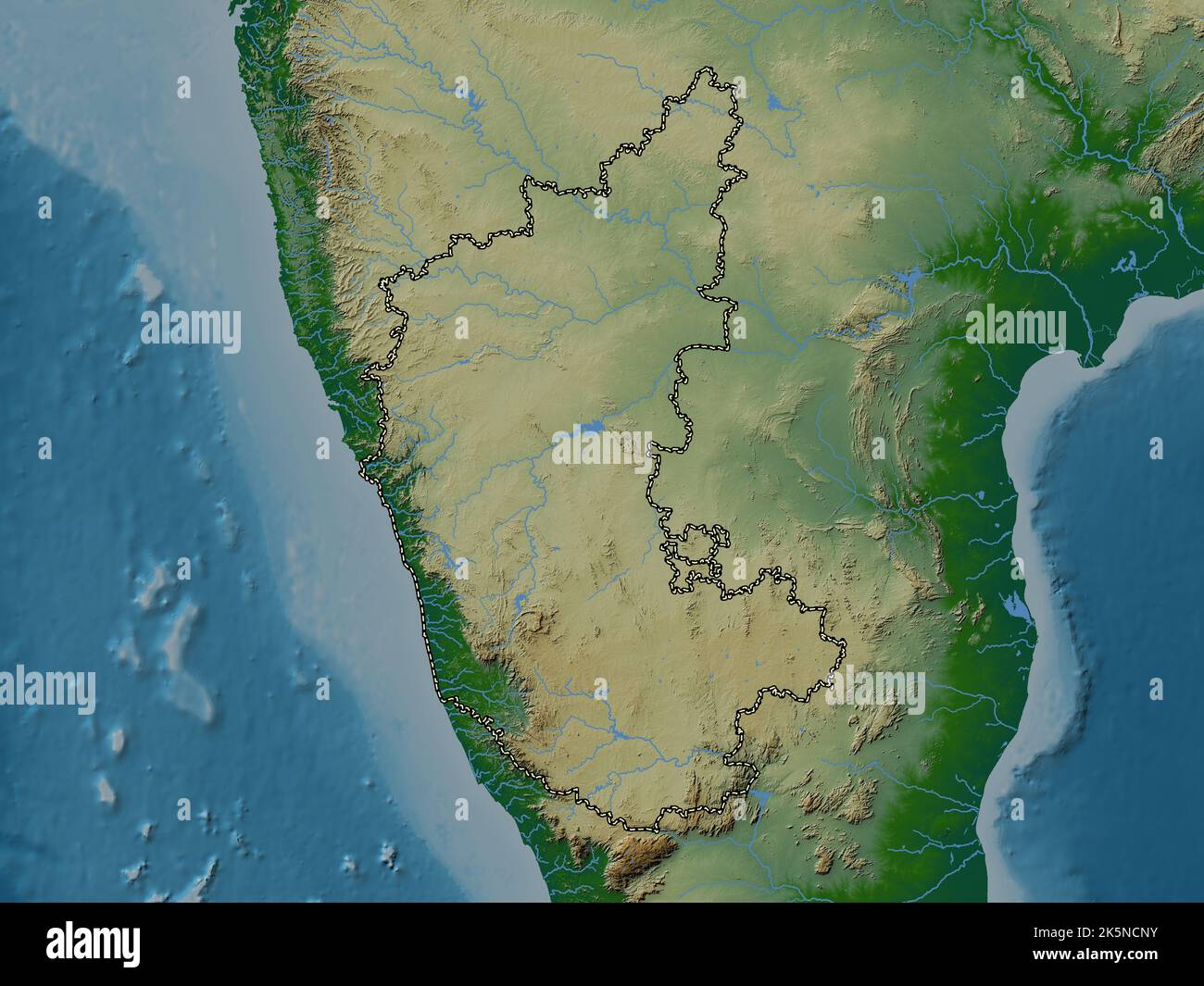 Karnataka, state of India. Colored elevation map with lakes and rivers ...