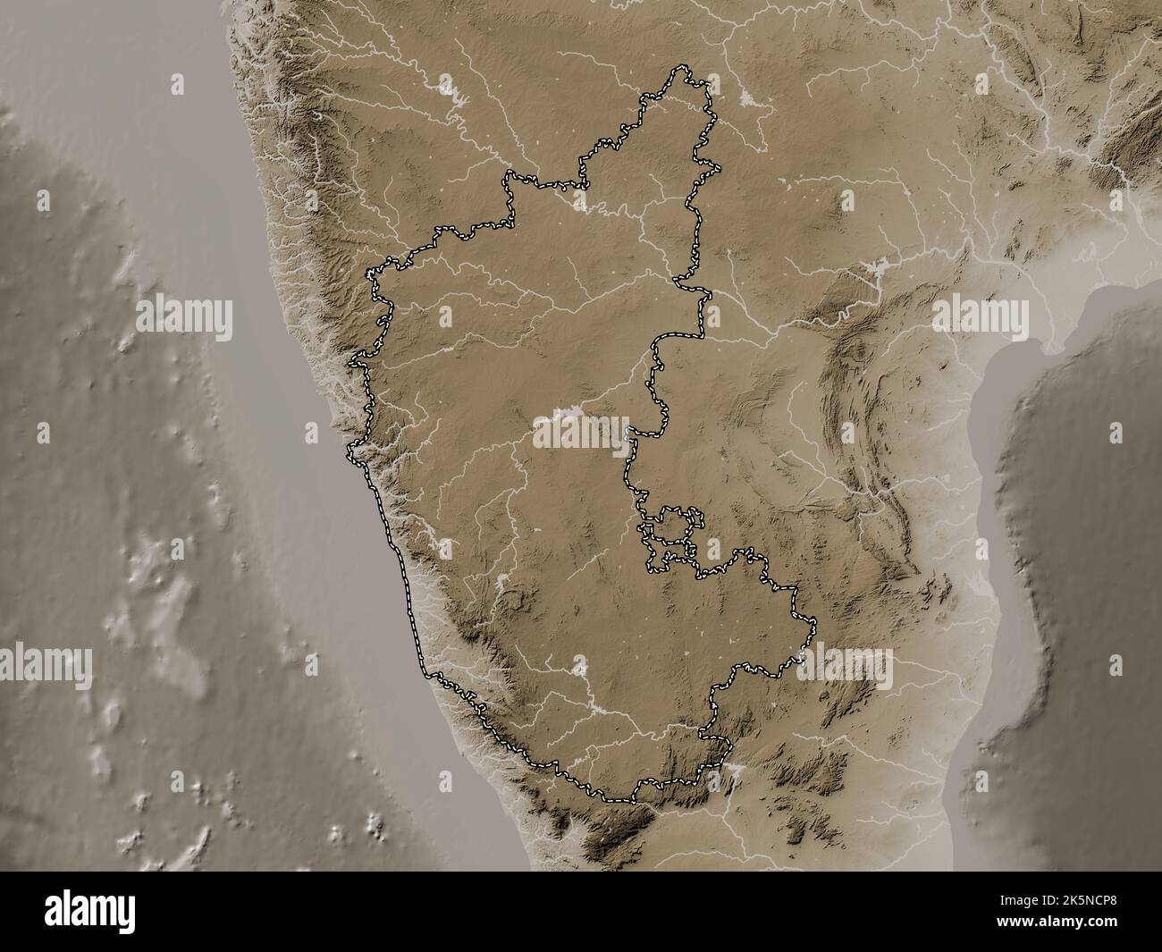 Karnataka, state of India. Elevation map colored in sepia tones with ...