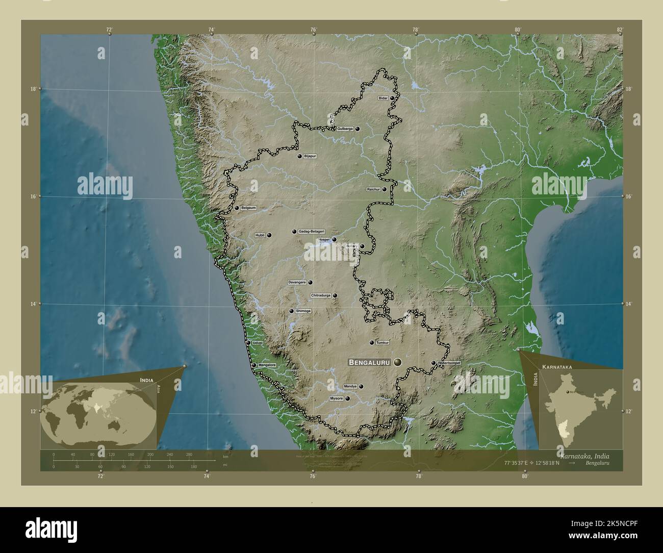 Karnataka, state of India. Elevation map colored in wiki style with ...