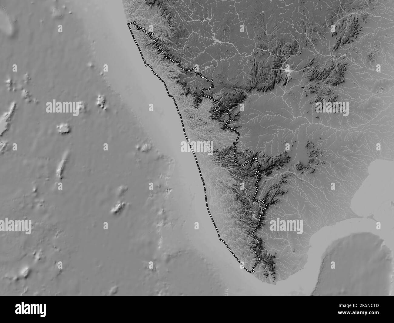 Kerala, state of India. Grayscale elevation map with lakes and rivers ...