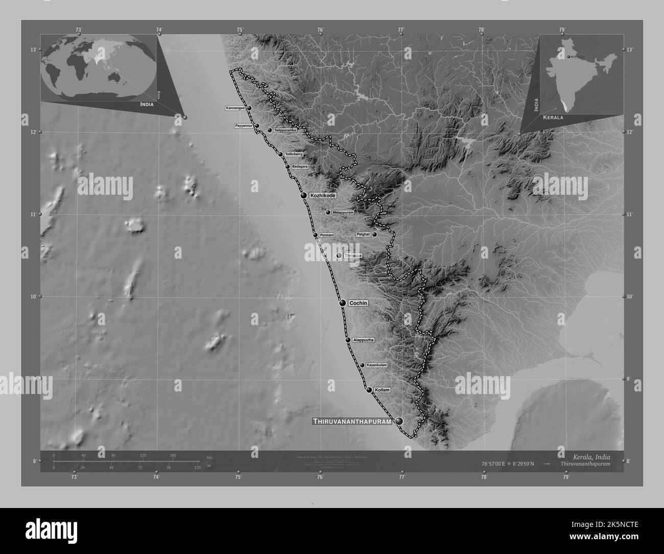 Kerala, state of India. Grayscale elevation map with lakes and rivers ...