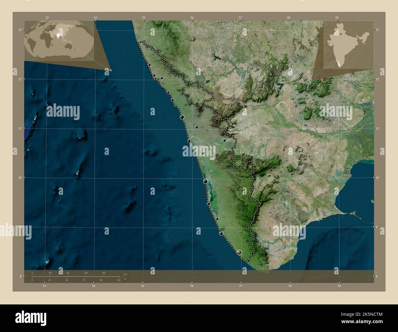Kerala, state of India. High resolution satellite map. Locations of ...