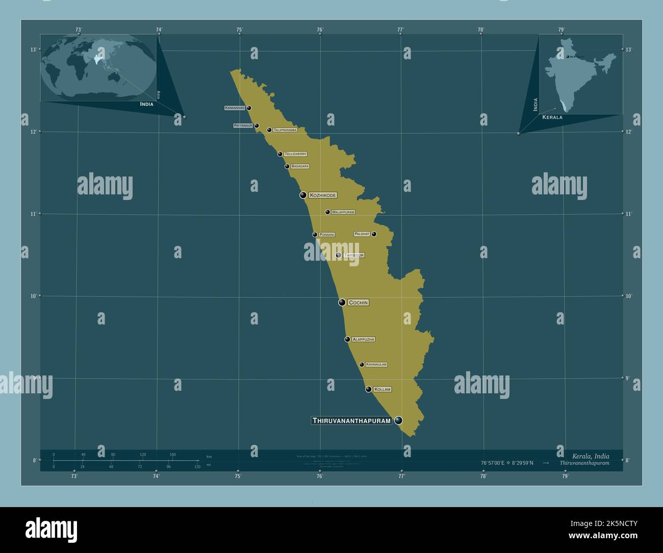 Kerala, state of India. Solid color shape. Locations and names of major ...