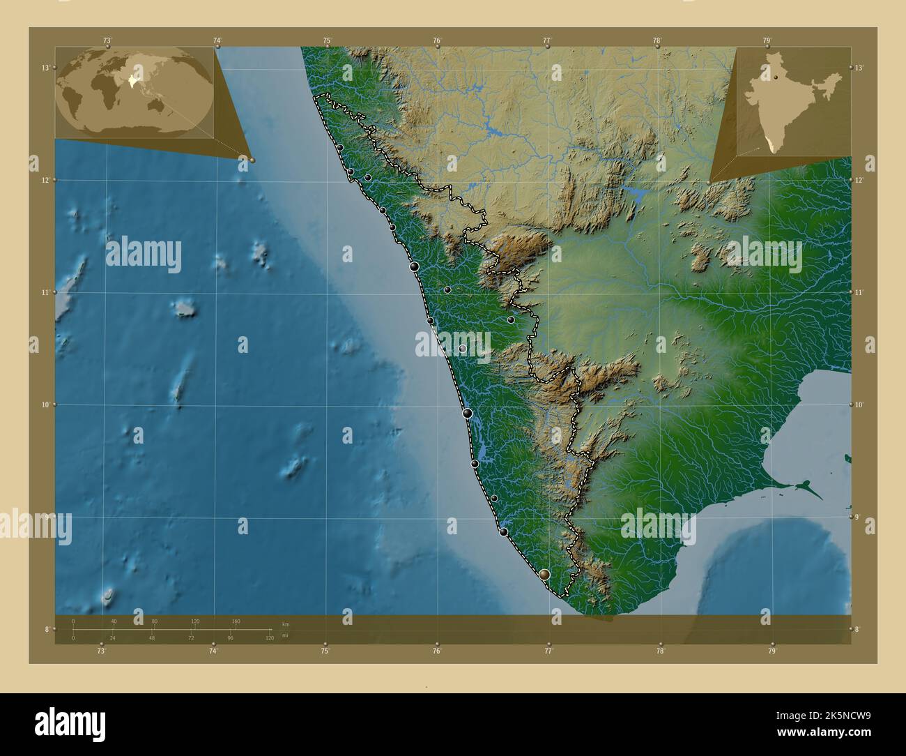 Kerala, state of India. Colored elevation map with lakes and rivers ...