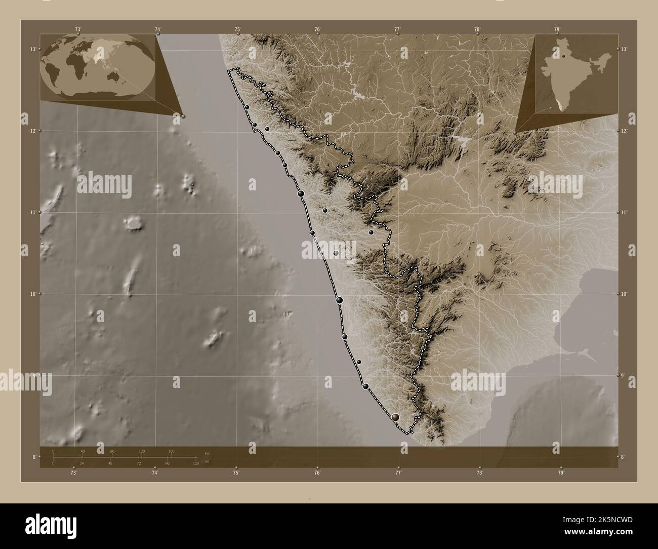 Kerala, state of India. Elevation map colored in sepia tones with lakes ...