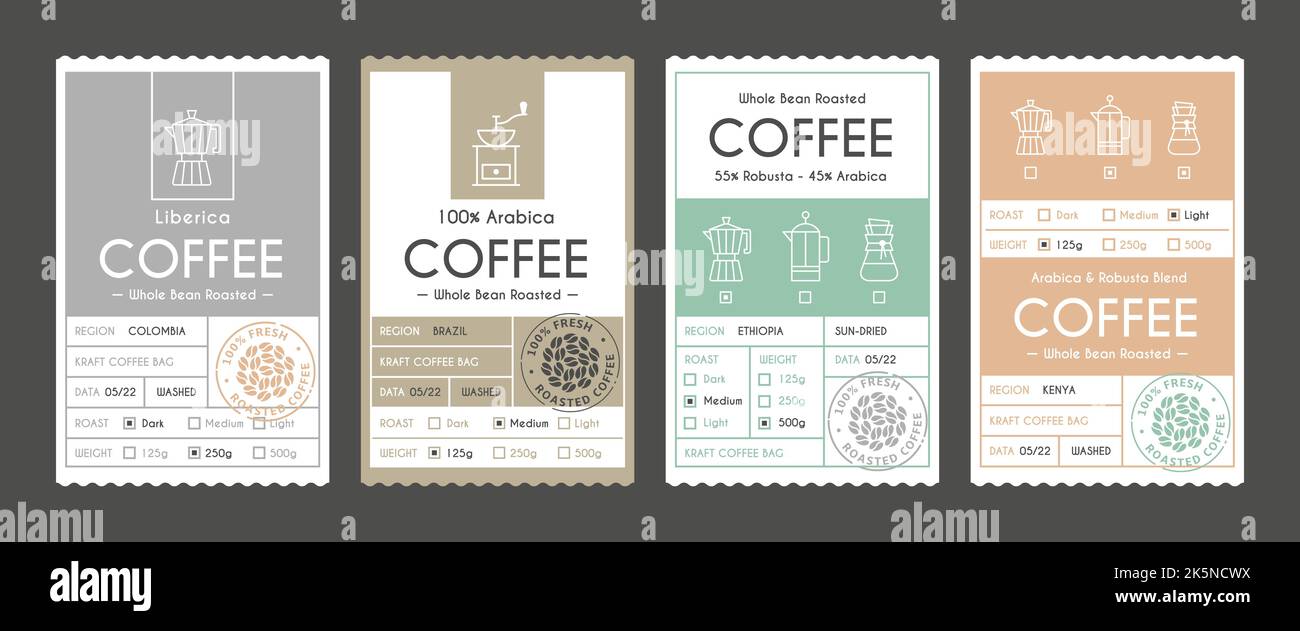 Coffee packaging design. Minimal label retro style, arabica, liberica ...