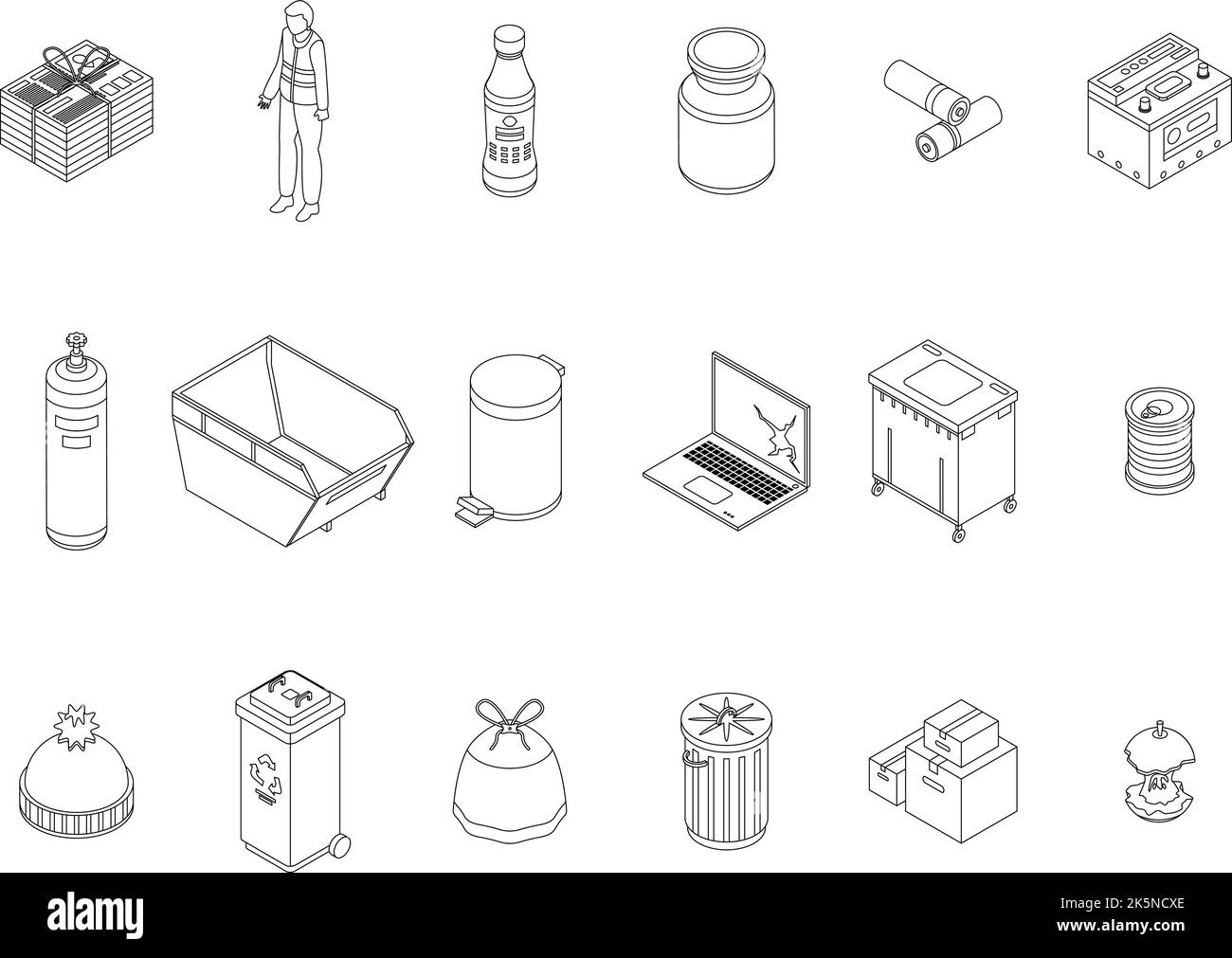 Waste icons set. Isometric set of waste vector icons outline thin lne ...