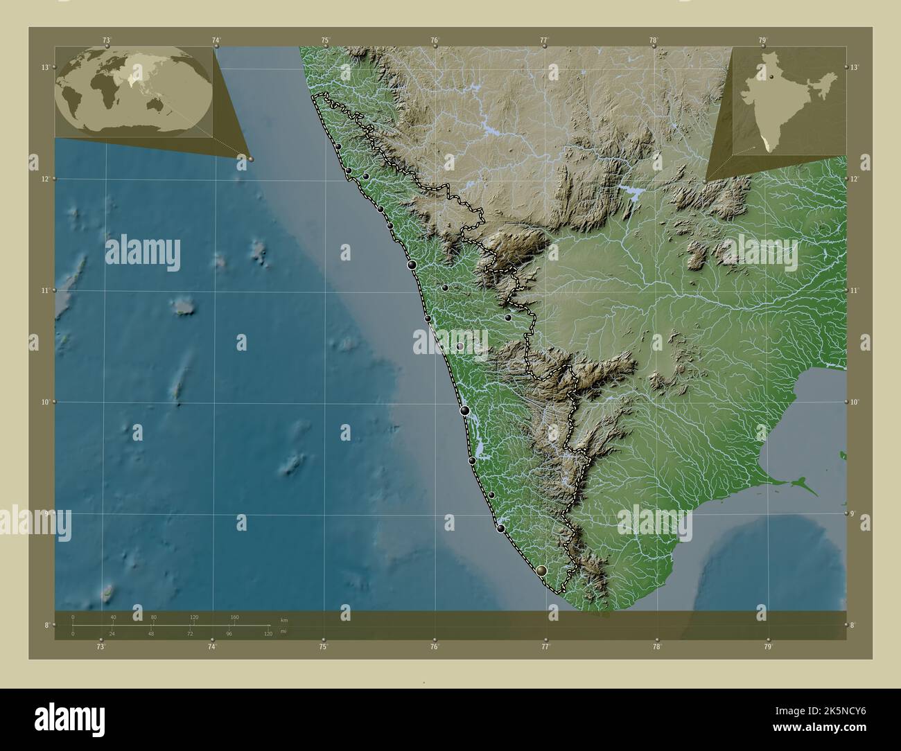 Kerala, state of India. Elevation map colored in wiki style with lakes ...