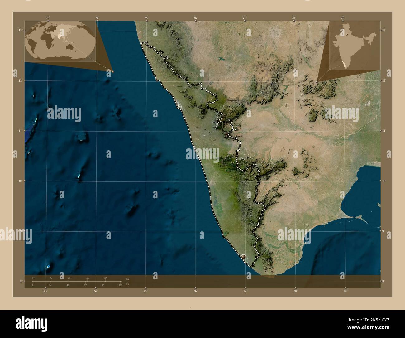 Kerala, state of India. Low resolution satellite map. Corner auxiliary ...