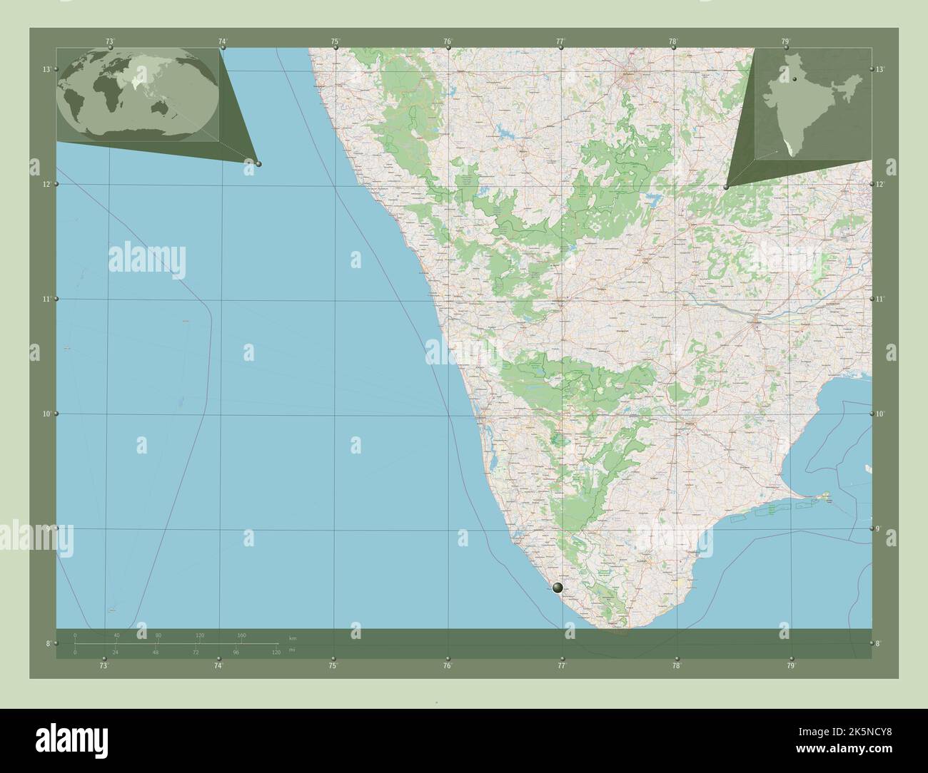 Kerala, state of India. Open Street Map. Corner auxiliary location maps ...