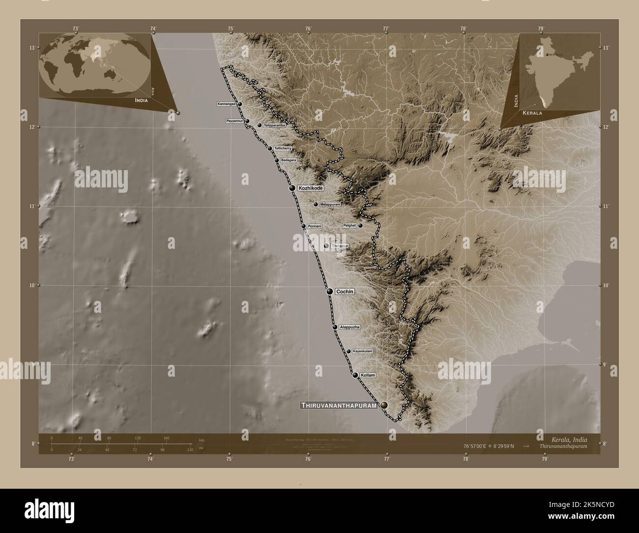 Kerala, state of India. Elevation map colored in sepia tones with lakes ...