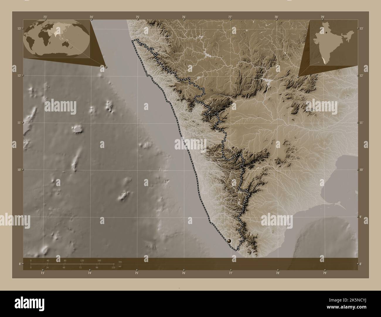 Kerala, state of India. Elevation map colored in sepia tones with lakes and rivers. Corner ...