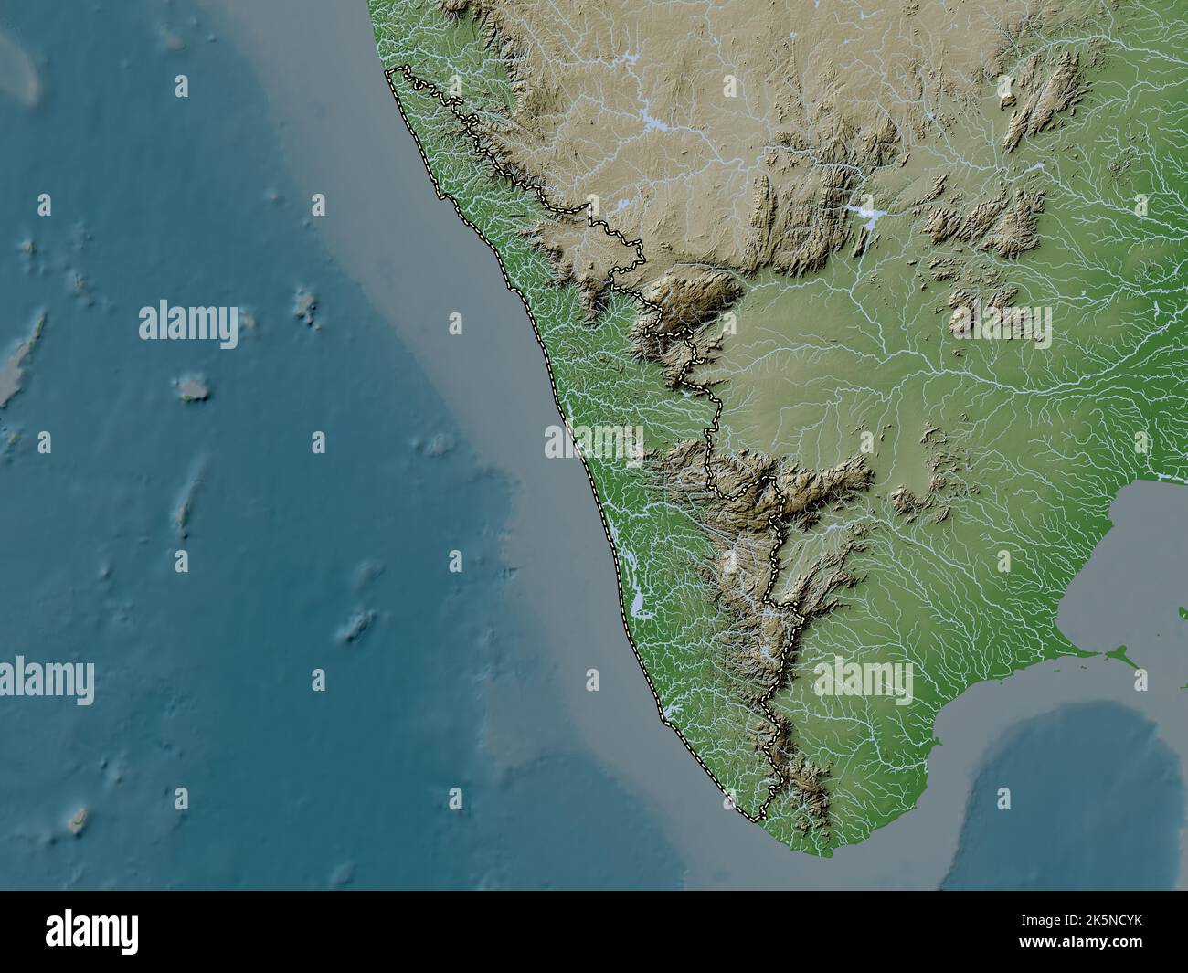 Kerala, state of India. Elevation map colored in wiki style with lakes ...