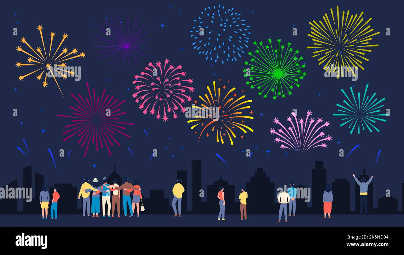 People crowd looking firework in night city. Festive time, anniversary ...