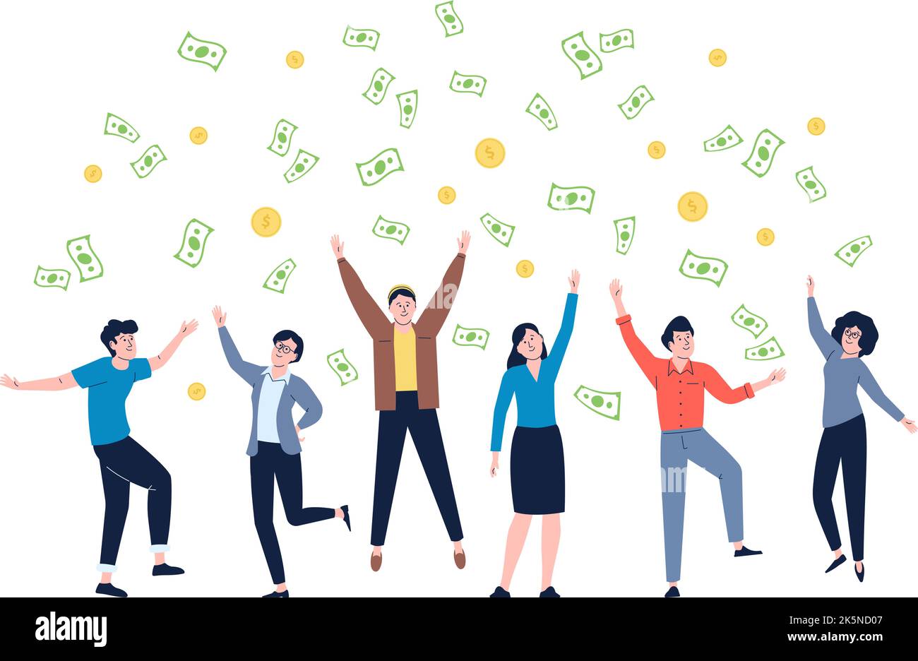 Team celebrating victory under money rain. Joyful business unity, happy ...