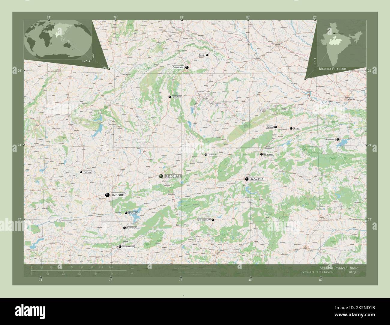 Madhya Pradesh, state of India. Open Street Map. Locations and names of ...