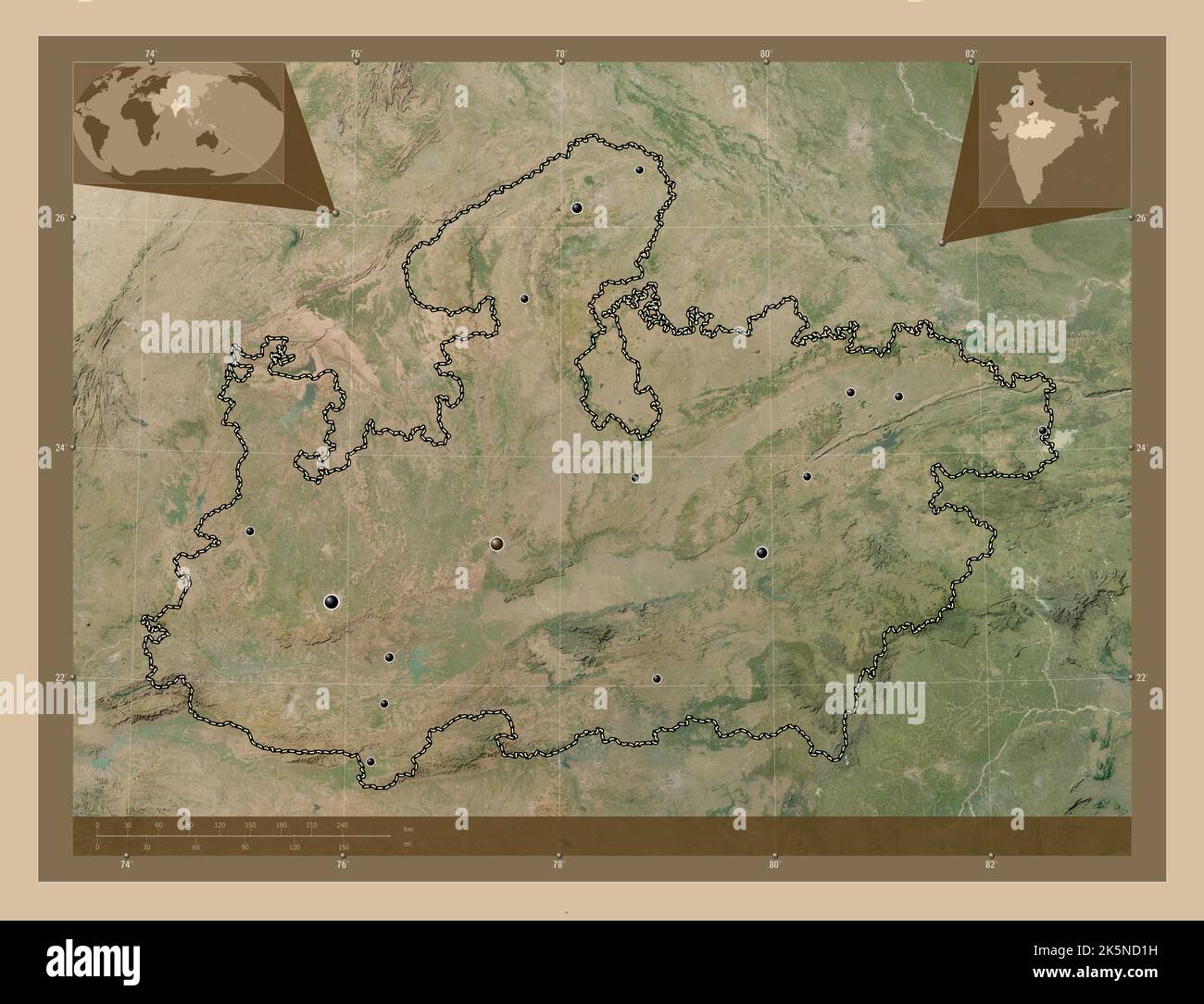 Madhya Pradesh, state of India. Low resolution satellite map. Locations ...