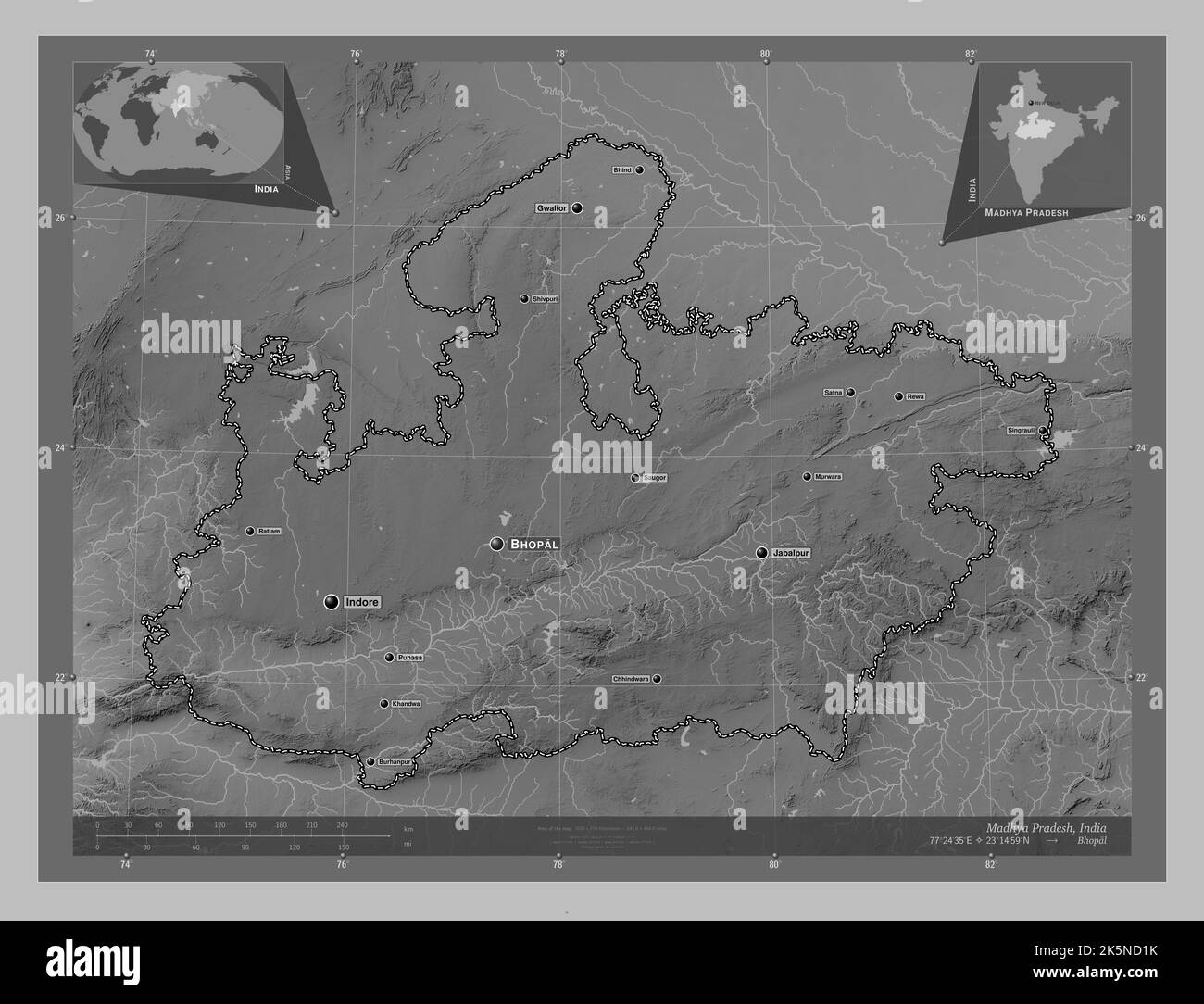 Madhya Pradesh, state of India. Grayscale elevation map with lakes and ...