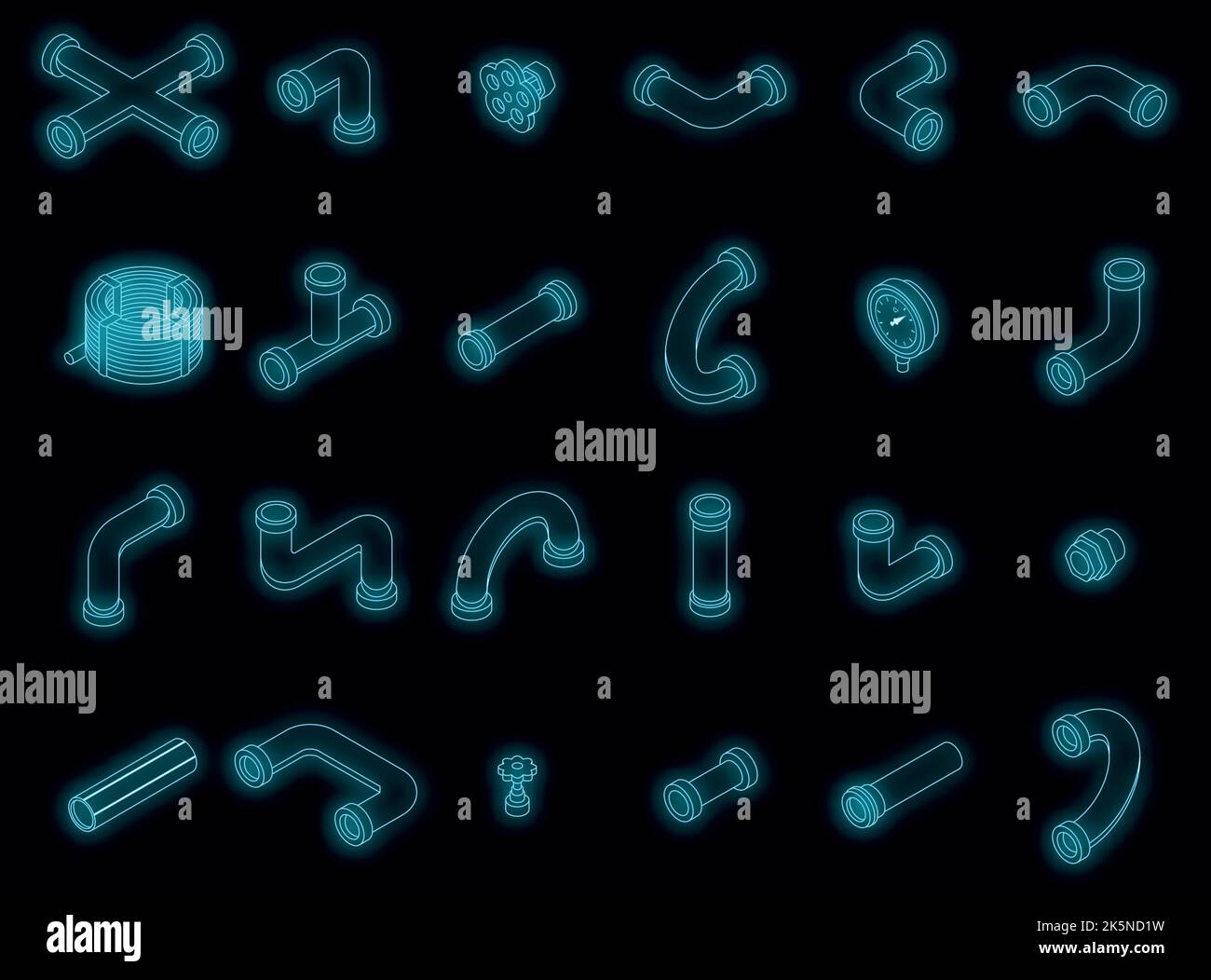 Pipe icons set. Isometric set of pipe vector icons neon color on black ...