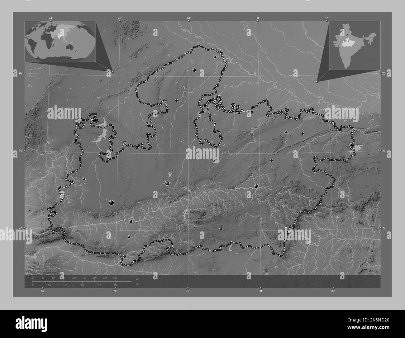 Madhya Pradesh, state of India. Grayscale elevation map with lakes and ...
