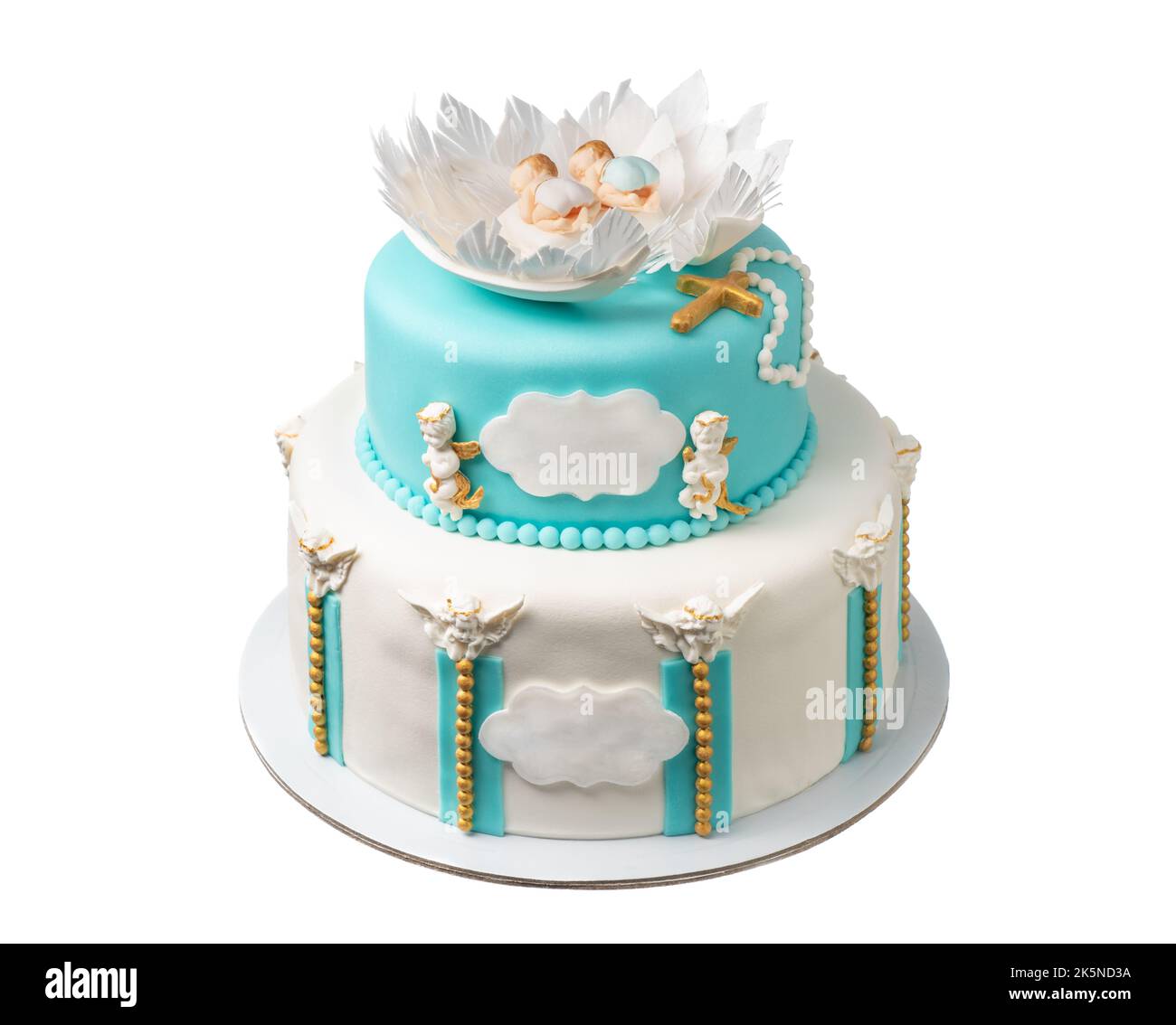 Cake for infant baptism made of sugar paste and blue. Angels and a cross for decoration. On an ...