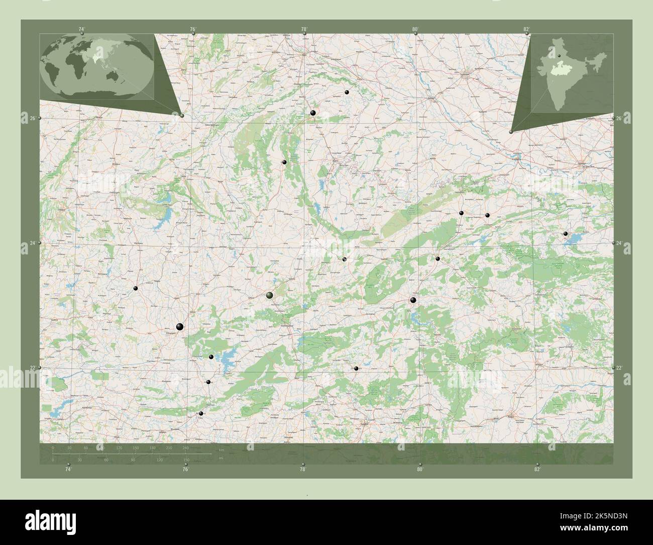 Madhya Pradesh, state of India. Open Street Map. Locations of major ...